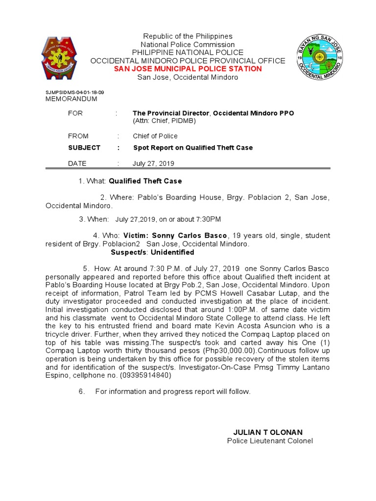 Spot Repport On Qualified Theft Case | PDF | Crimes | Crime & Violence