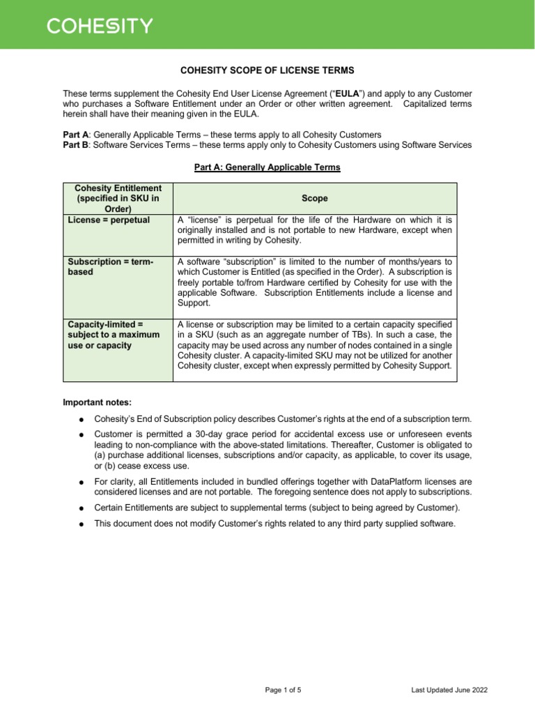Cohesity Scope of License Terms Summary | PDF | Backup | Information ...