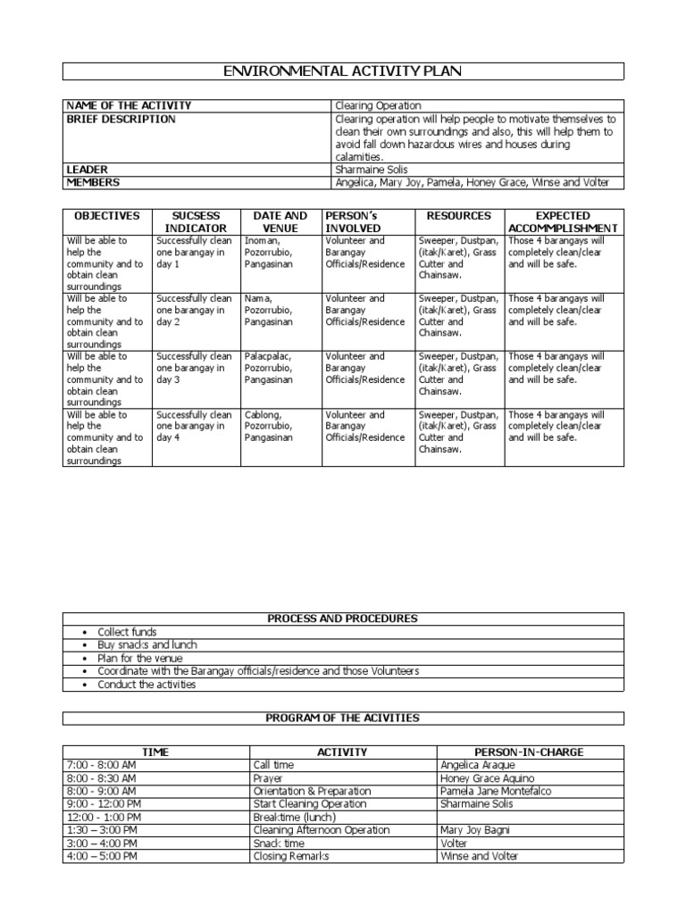 Environmental Activity Plan | PDF