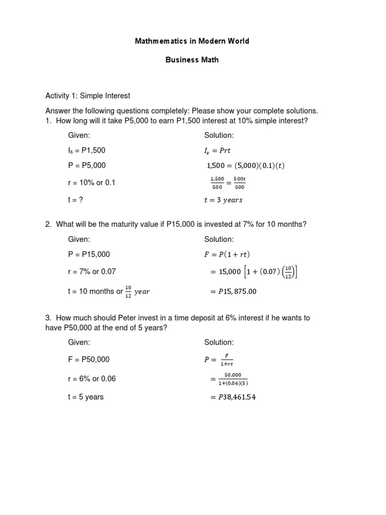 Simple Interest Activity | PDF
