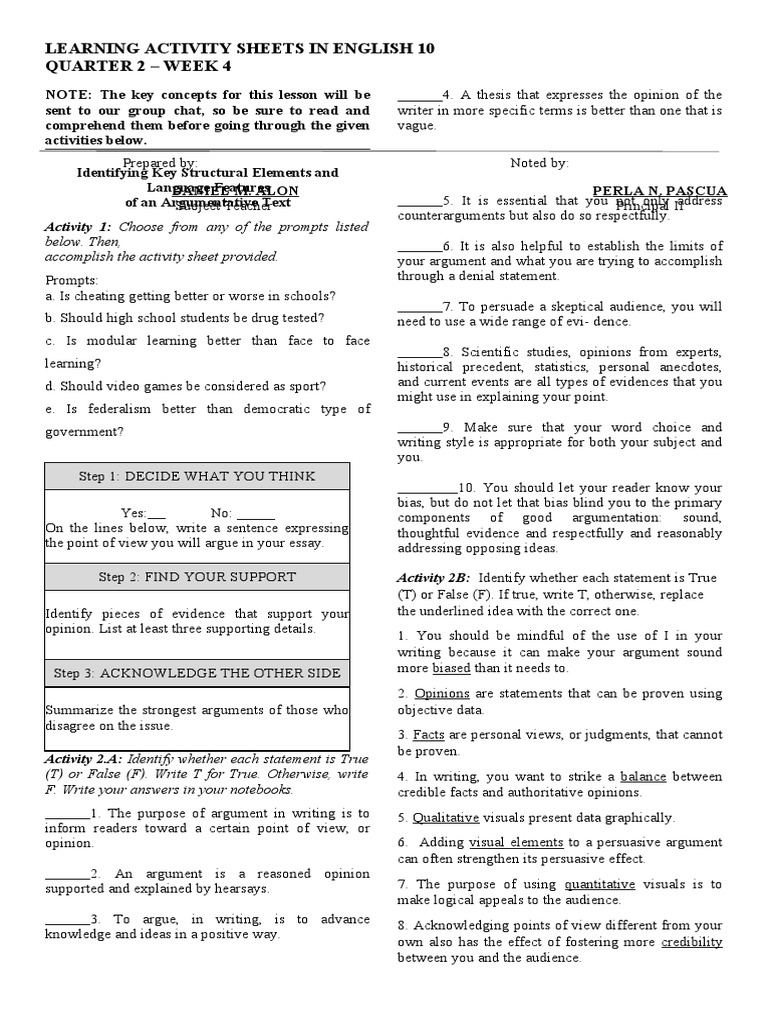 Qtr2 - Eng - Activity Sheets 3 - Week 4 | PDF | Argument | Truth