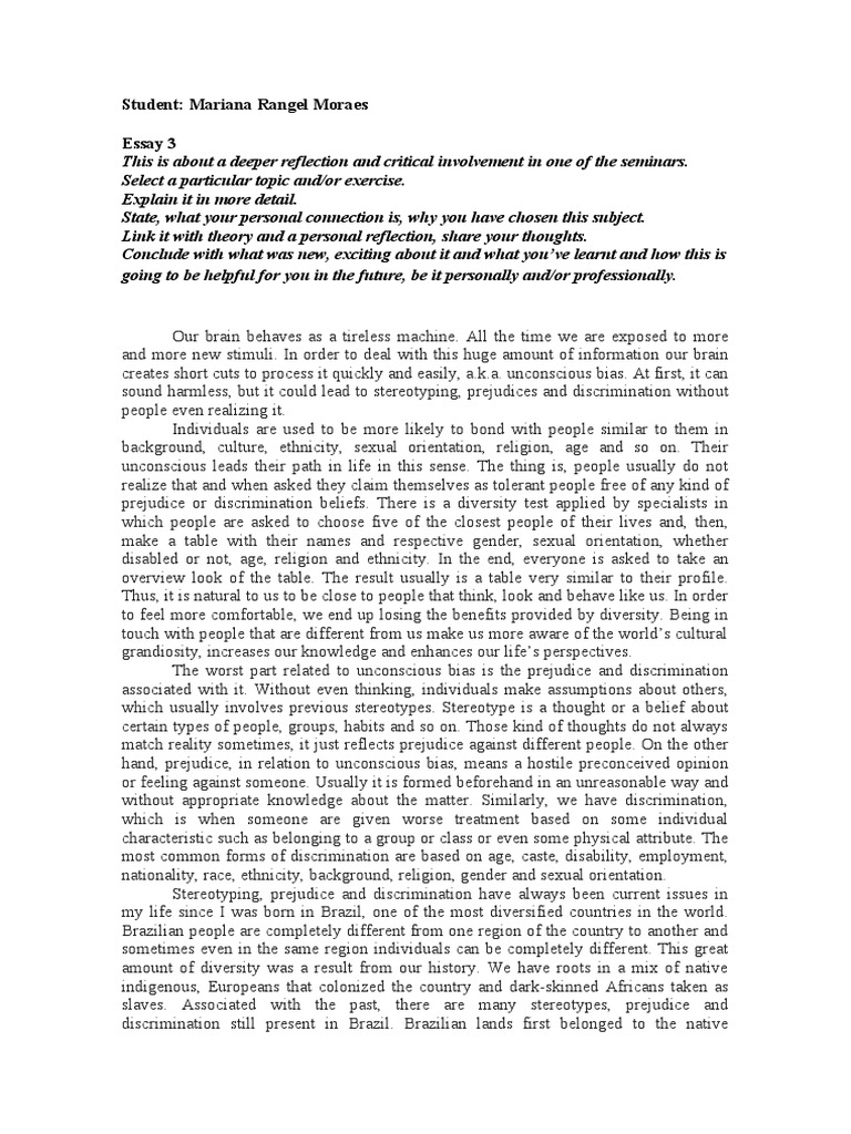 Unconscious Bias Essay | PDF | Prejudices | Stereotypes