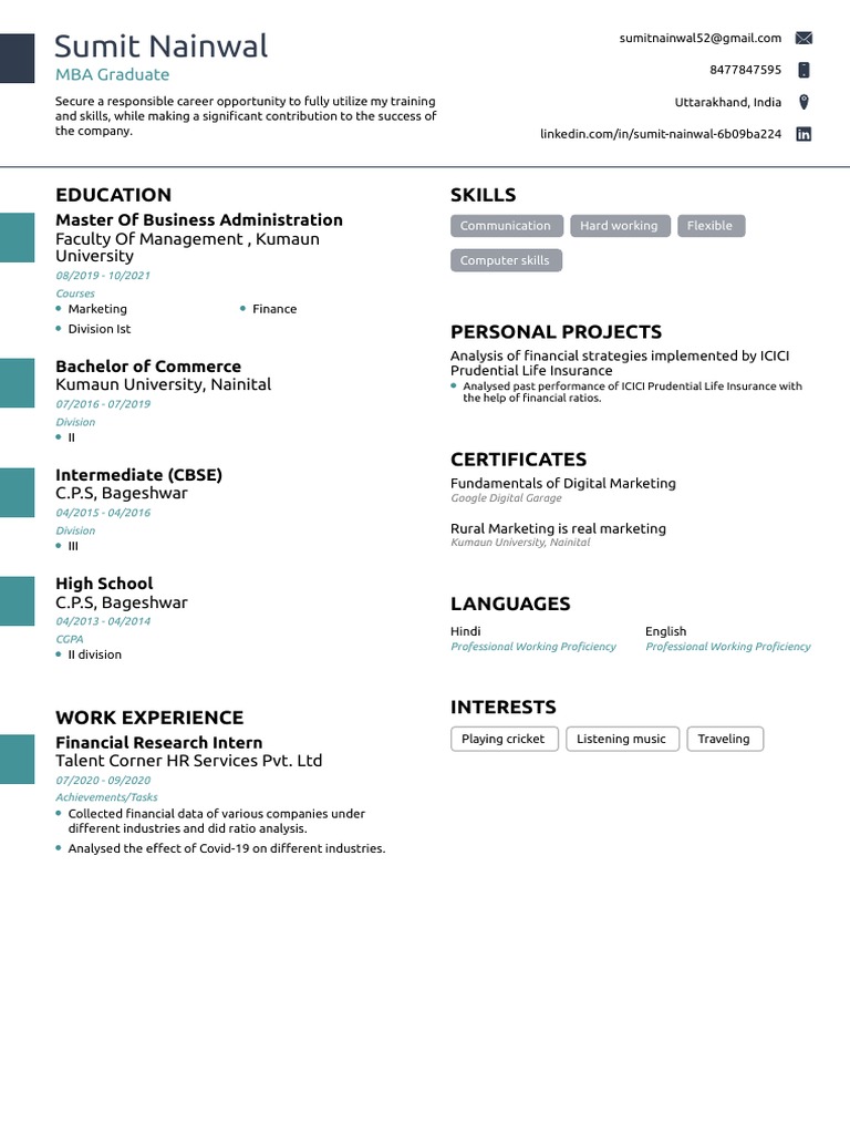 Sumit's Resume | PDF | Master Of Business Administration | Economies