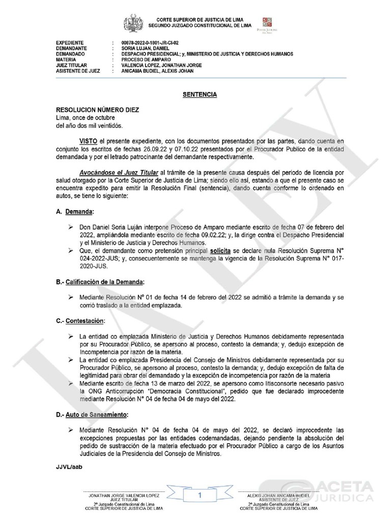 URGENTE: Lea La Sentencia Que Ordena Reponer A Daniel Soria Como Procurador General Del Estado | PDF