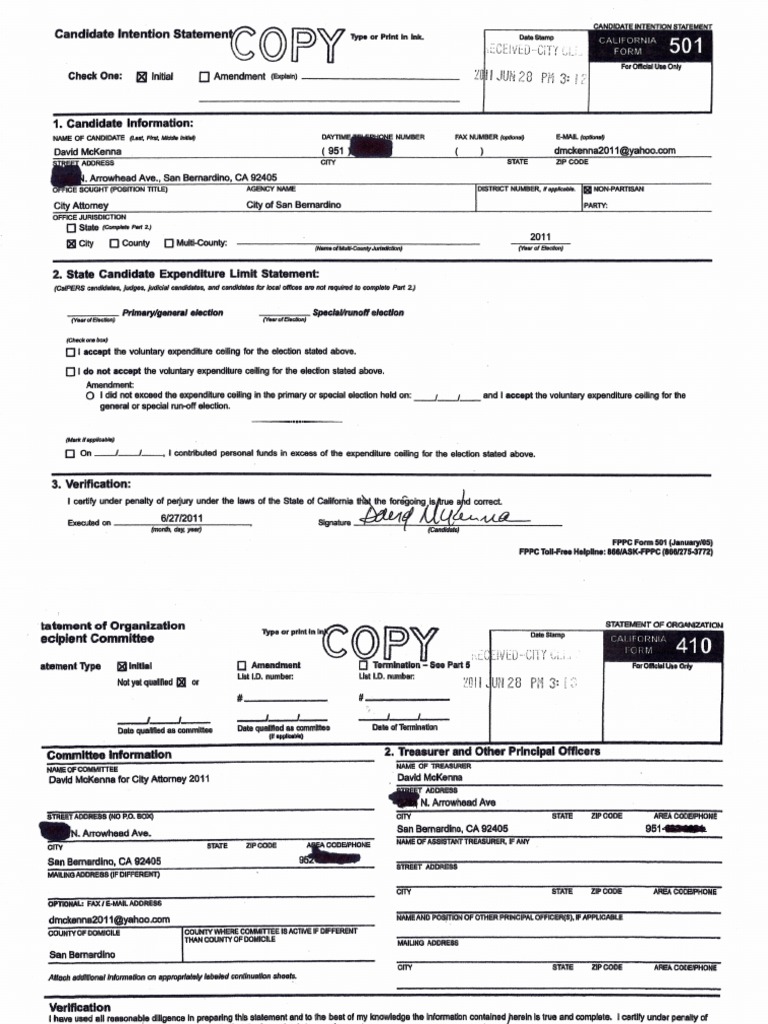 City Attorney Challenger David L. McKenna FPPC Form 410, 501 | PDF ...
