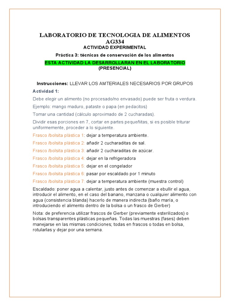 Actividad Experimental, Conservacion de Los Alimnetos Original | PDF | Conservación de los ...