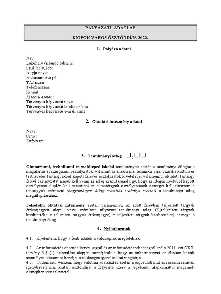 Varosi Osztondij Palyazati Adatlap 2022. Szi | PDF