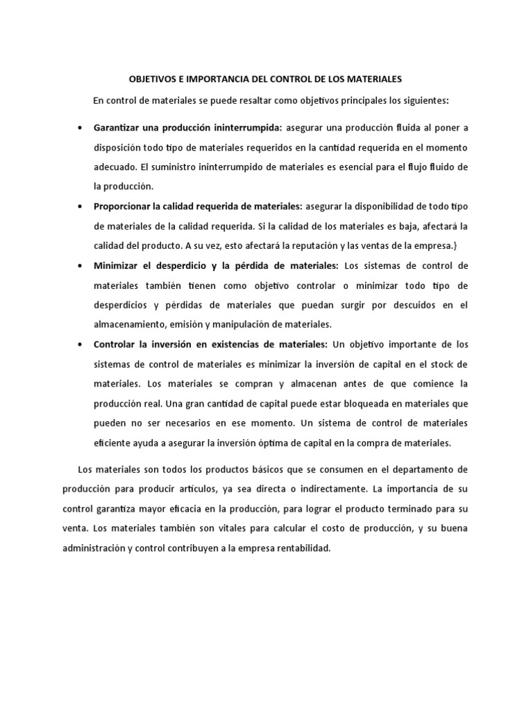 Objetivos e Importancia Del Control de Los Materiales | PDF | Inventario | Calidad (comercial)
