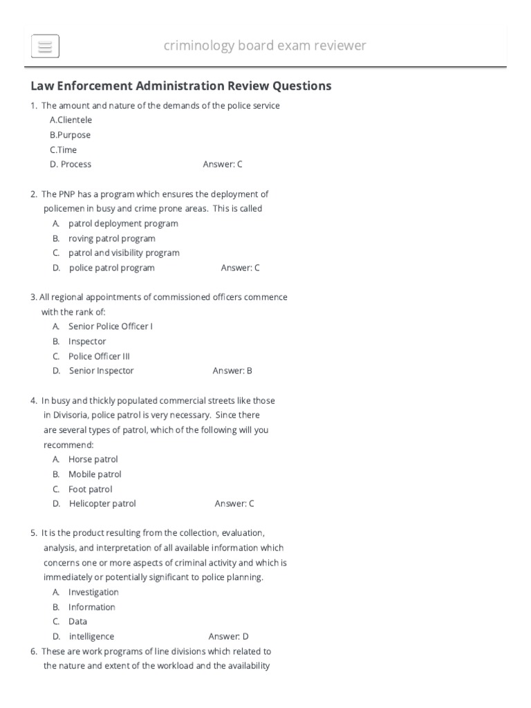 Law Enforcement Exam Review Questions | PDF | Social Science