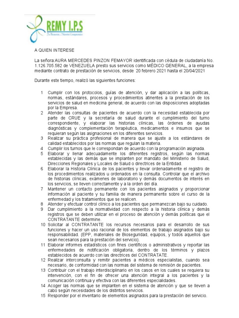 Contrato Remy Word | PDF | Historial médico | Medicina