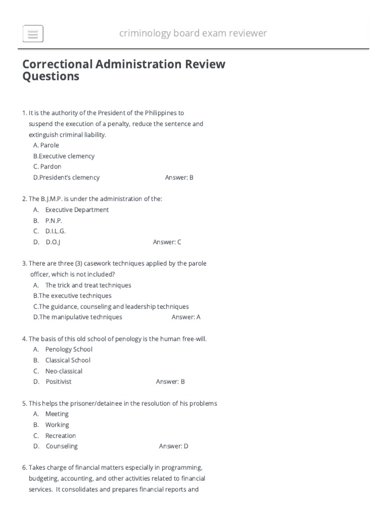 Correctional Administration Review Questions - Criminology Board Exam ...