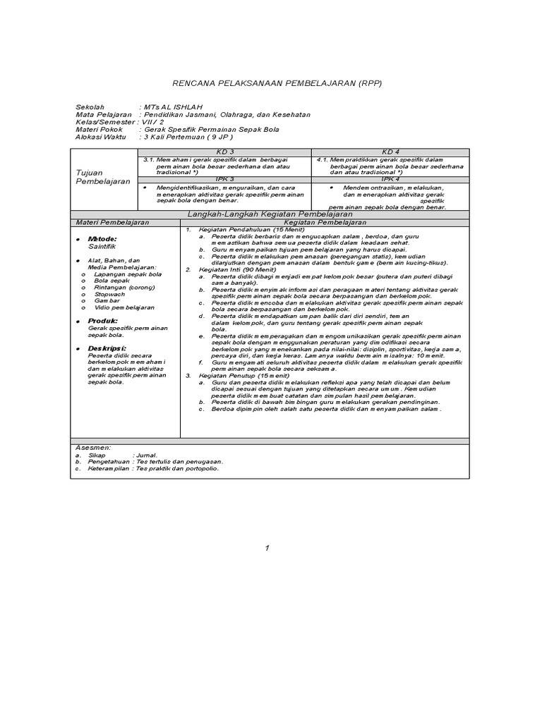 RPP SMP Pjok Kelas Vii-Dikonversi | PDF