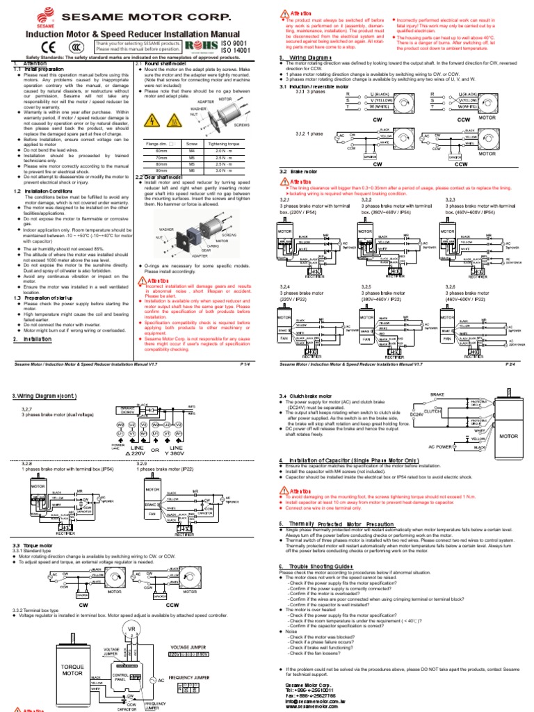 Induction Motors & Gear Motors Install Instruction V1.7 Eng | PDF