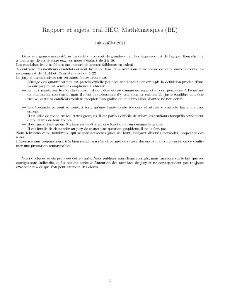 Rapport sur l'oral de Mathématiques HEC 2021 | PDF | Limite ...
