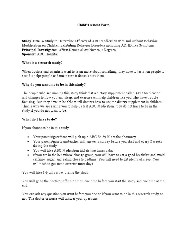 Child Assent Form | PDF | Attention Deficit Hyperactivity Disorder ...