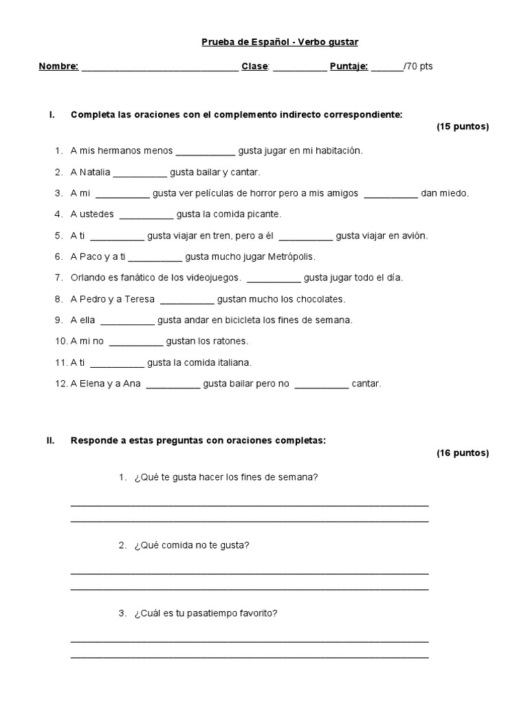 Prueba de Español - Verbo Gustar Año 8 | PDF
