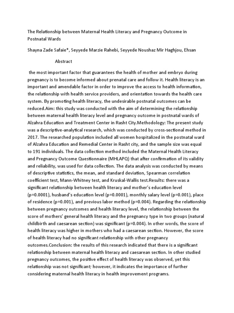 The Relationship Between Maternal Health Literacy and Pregnancy Outcome ...