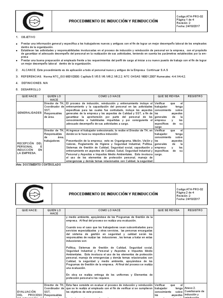 Procedimiento de Induccion y Reinduccion | PDF | Calidad (comercial) | Sistema de manejo de calidad