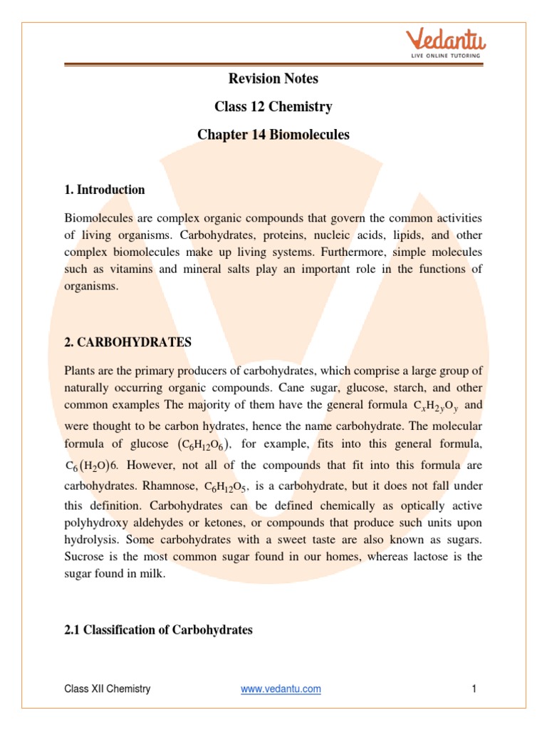 Revision Notes On CBSE Class 12 Chemistry Chapter 14 - Biomolecules ...