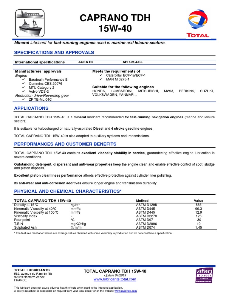 Total Caprano TDH 15W-40 Overview | PDF | Motor Oil | Vehicle Parts