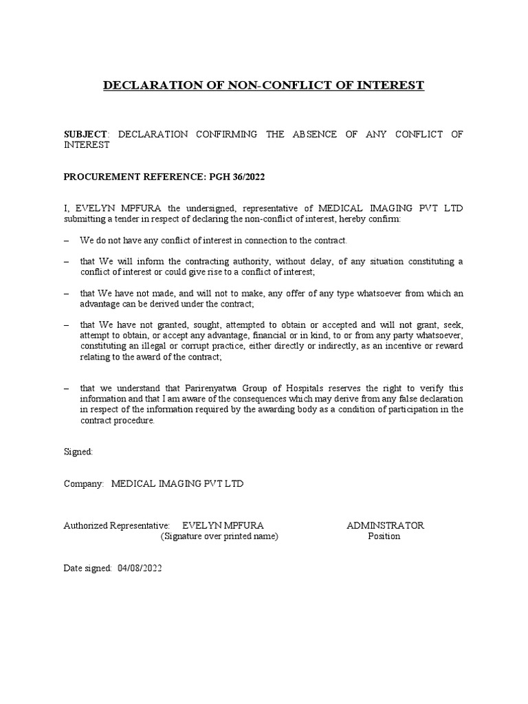 Declaration of Non Conflict | PDF