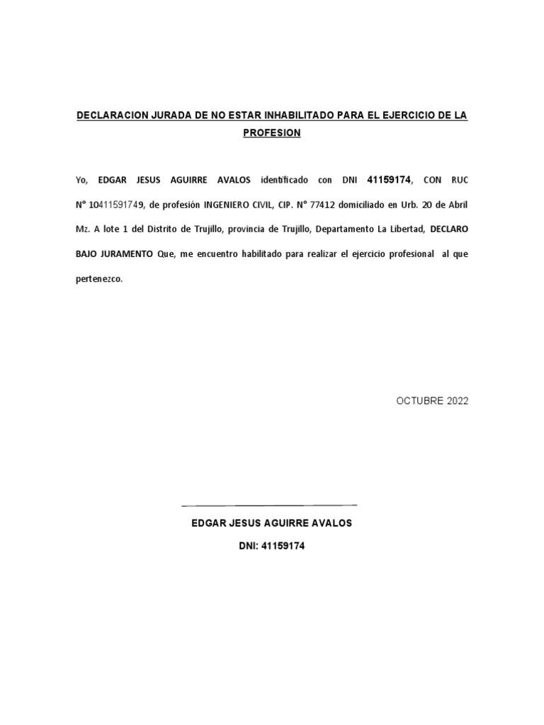Declaracion Jurada de No Estar Inhabilitado | PDF