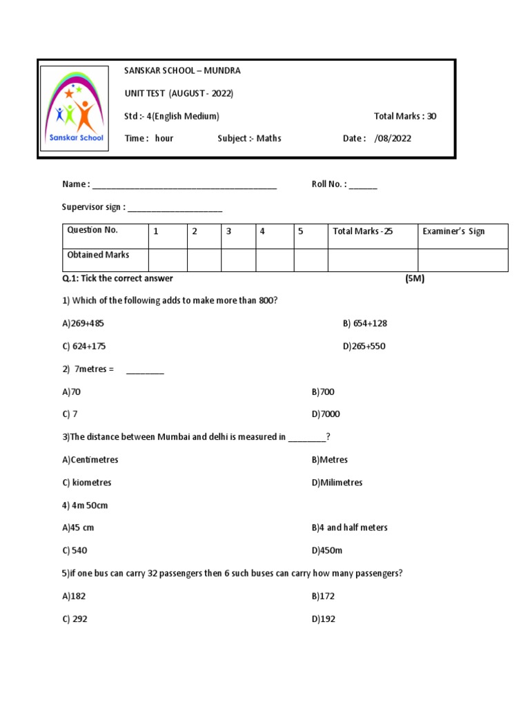 Sanskar School Unit Test Results: Standard 4 Math Exam | PDF | Metrology