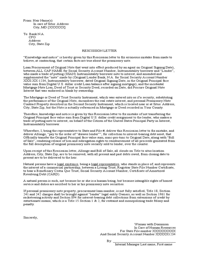 Rescission Letter Bill of Sale and Allonge Redacted-1 | PDF | Mortgage ...