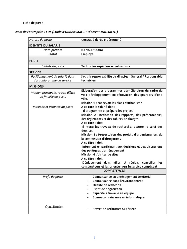 Modèle de fiche de poste urbanisme | PDF | Urbanisme | Business
