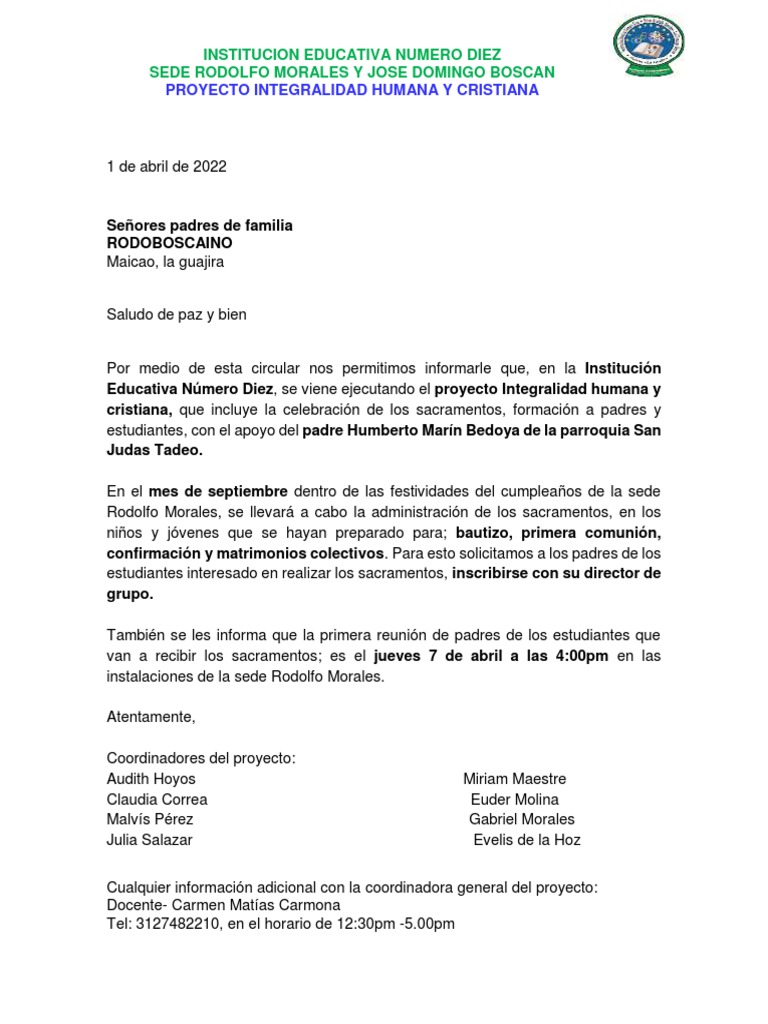 Carta A Los Padres de Familia | PDF