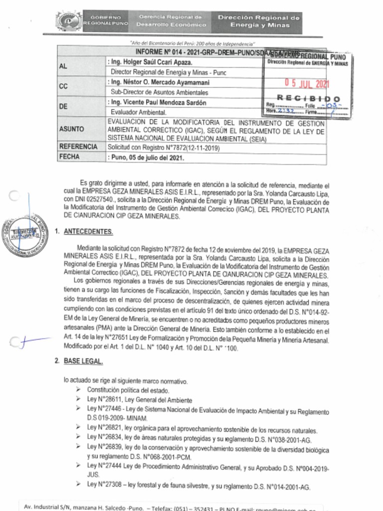 Informe N°014-2021-Grp-Drem-Puno-Sdaa-Ea-Vpms | PDF