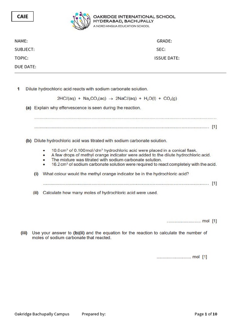 Quantitative Chemistry Worksheet | PDF