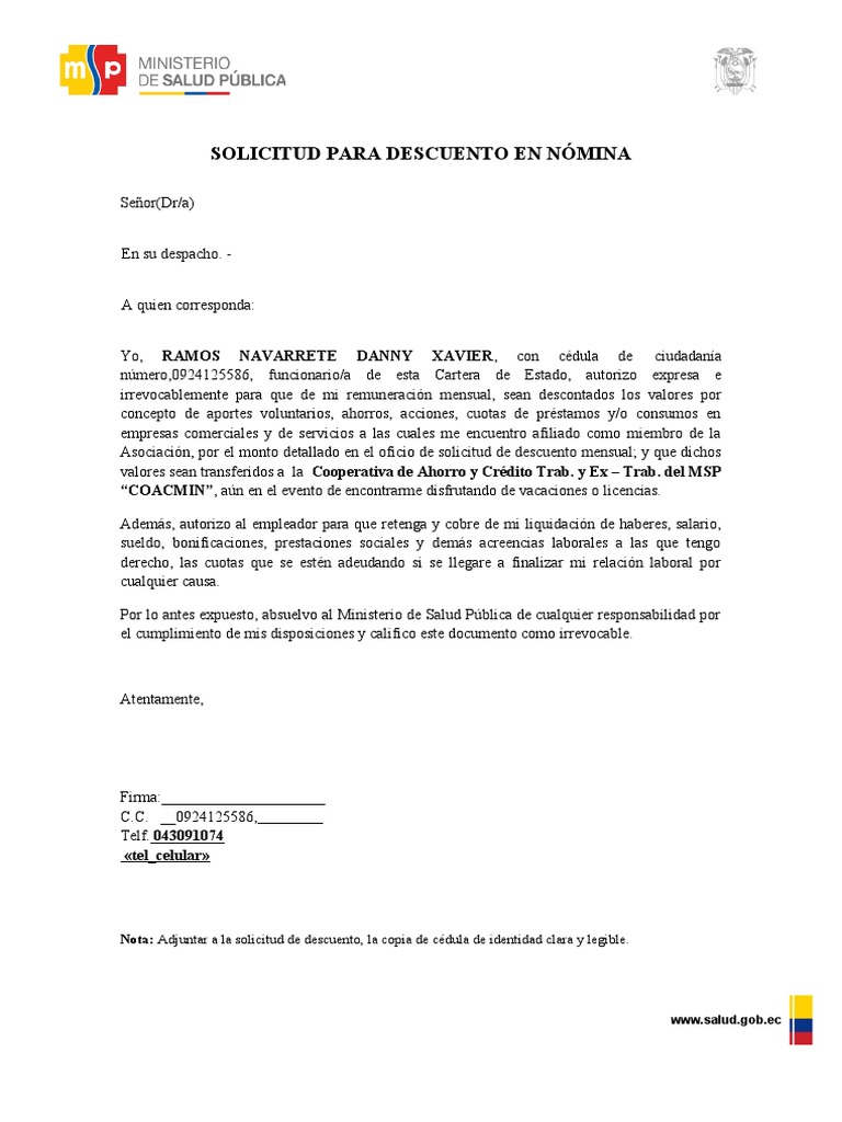 Solicitud para Descuento en Nómina | PDF | Salario | Cooperativa