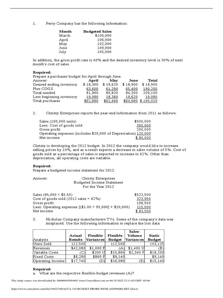 Acca 310 Budget Probs With Answers Set 2 | PDF | Cost Of Goods Sold ...