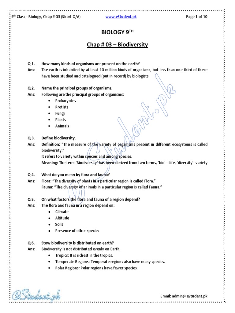 Chap 3 Short QA Bio 9th | PDF | Biodiversity | Cell (Biology)