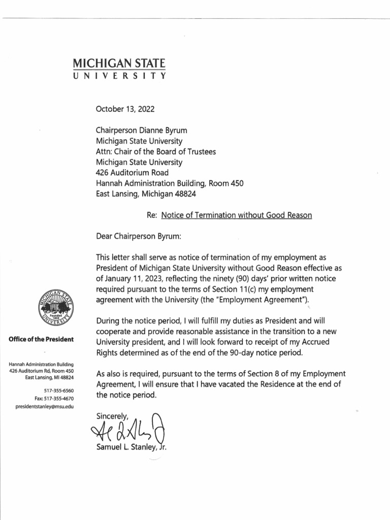 MSU President Samuel Stanley Jr. Resignation Letter | PDF