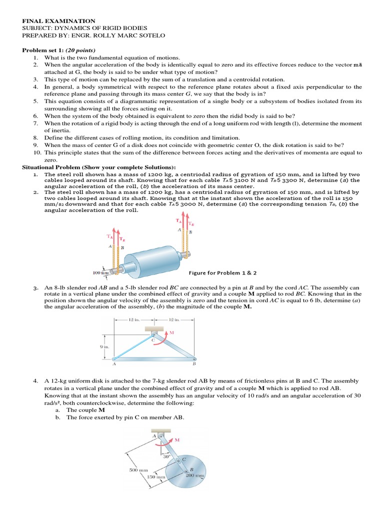 FINAL EXAMINATION in Dynamics of Rigid Bodies | PDF | Theoretical Physics | Classical Mechanics