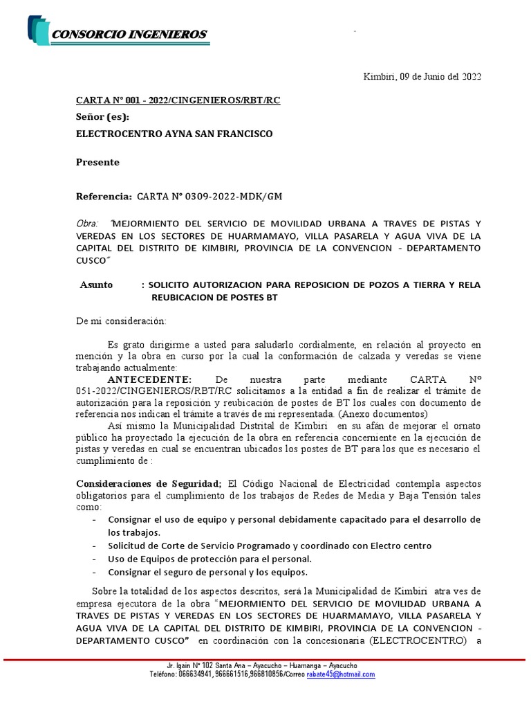 Carta 001 Reubicacion de Postes Electrocentro | PDF