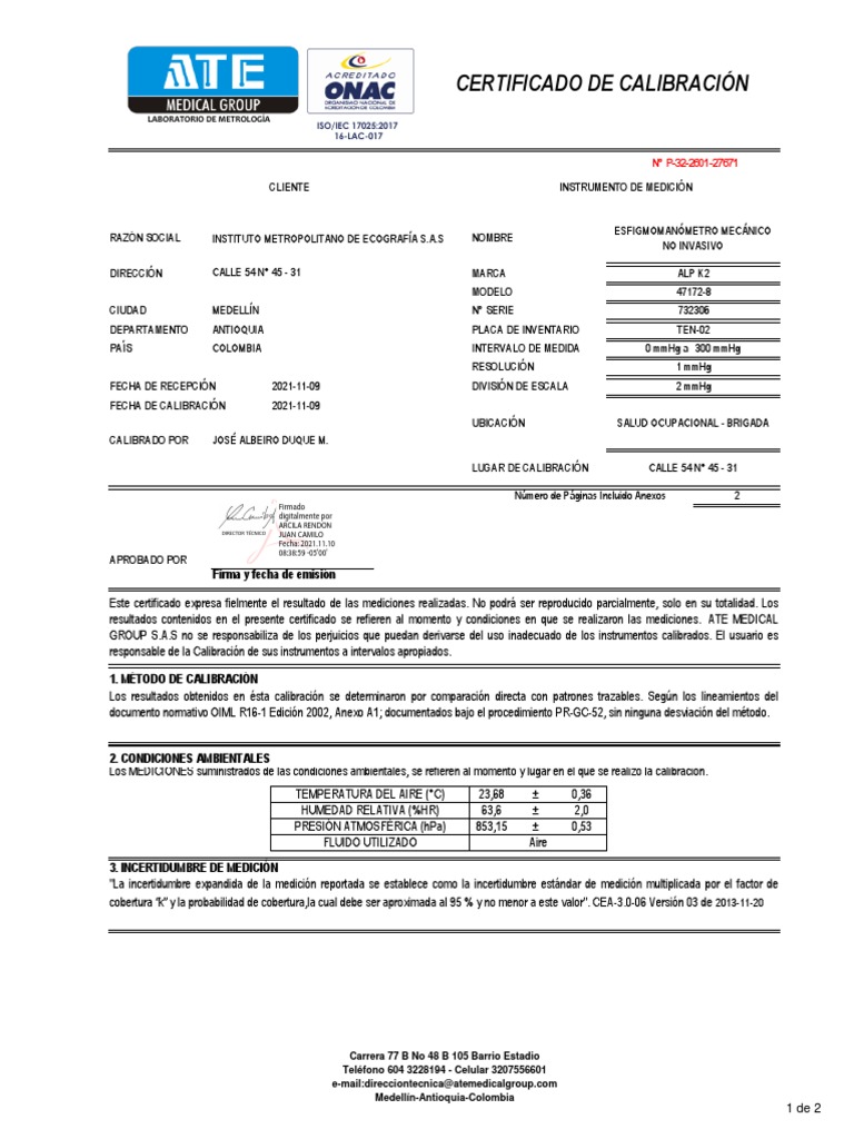 Certificado de Calibración: Laboratorio de Metrología | PDF ...