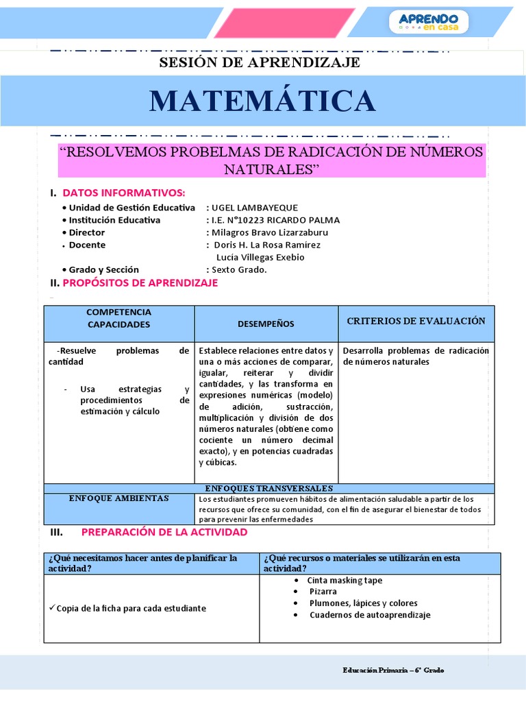 Sesion Matematica - 13-09 | PDF | Raíz cuadrada | Educación primaria