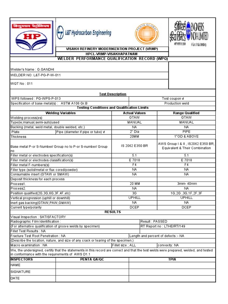 Welder Performance Qualification Record WPQ PDF