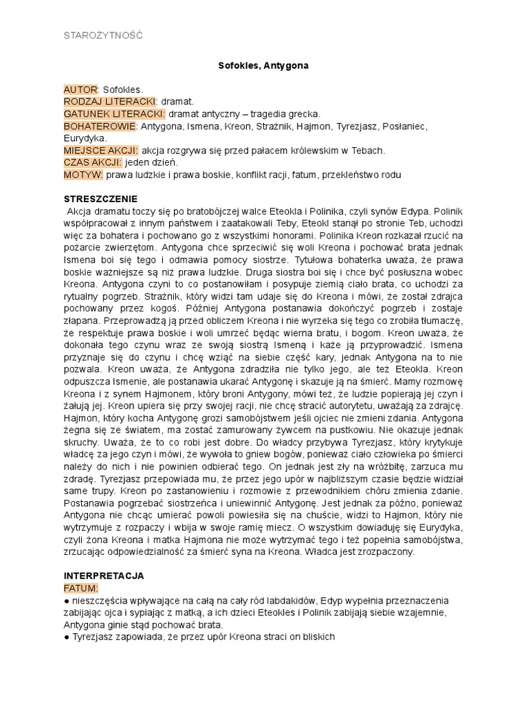 Sofokles, Antygona, Notatka | PDF