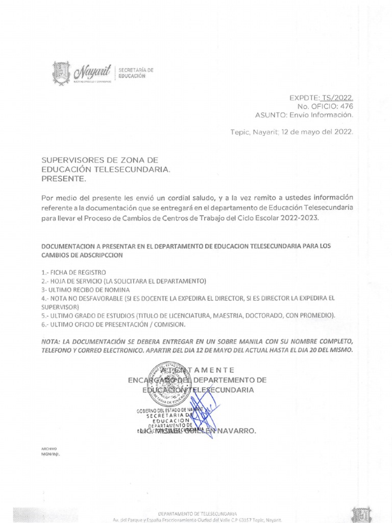 OFICIO 476 DOCUMENTACIÓN PARA CAMBIOS | PDF