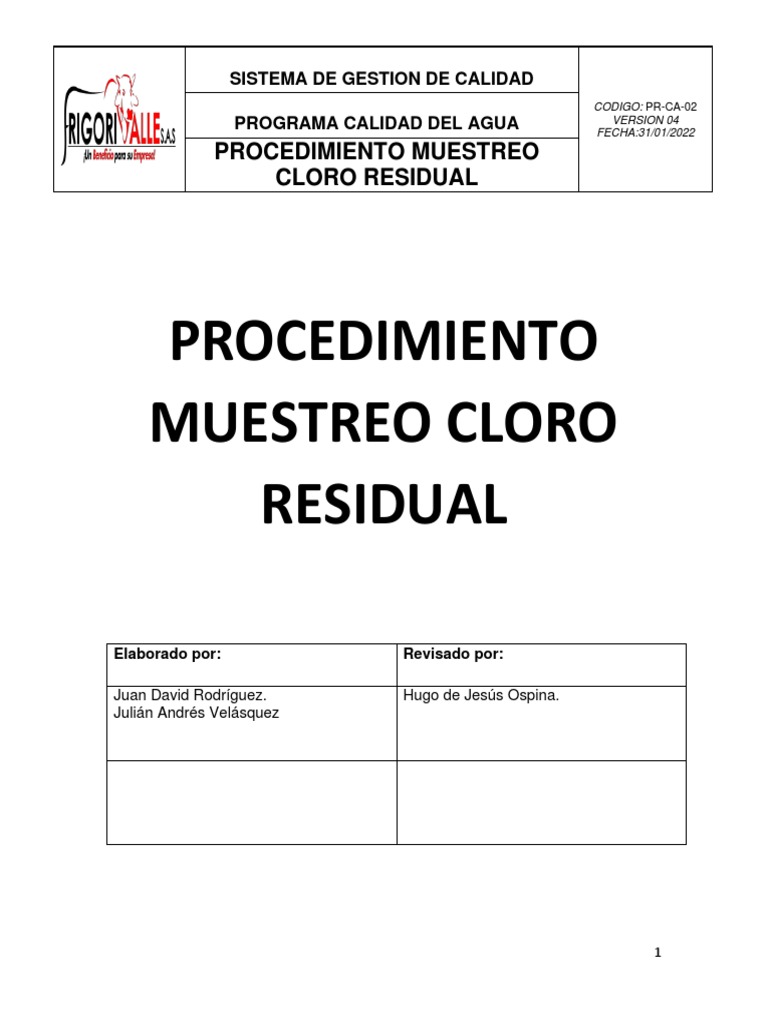 2.procedimiento Muestreo Cloro Residual | PDF | Agua | Agua potable