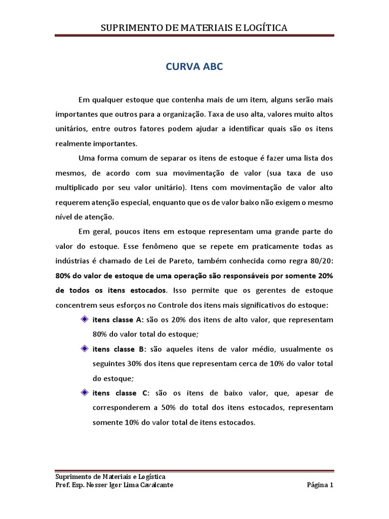 APOSTILA - Suprimento de Materiais e Logística - CURVA ABC - Prof ...