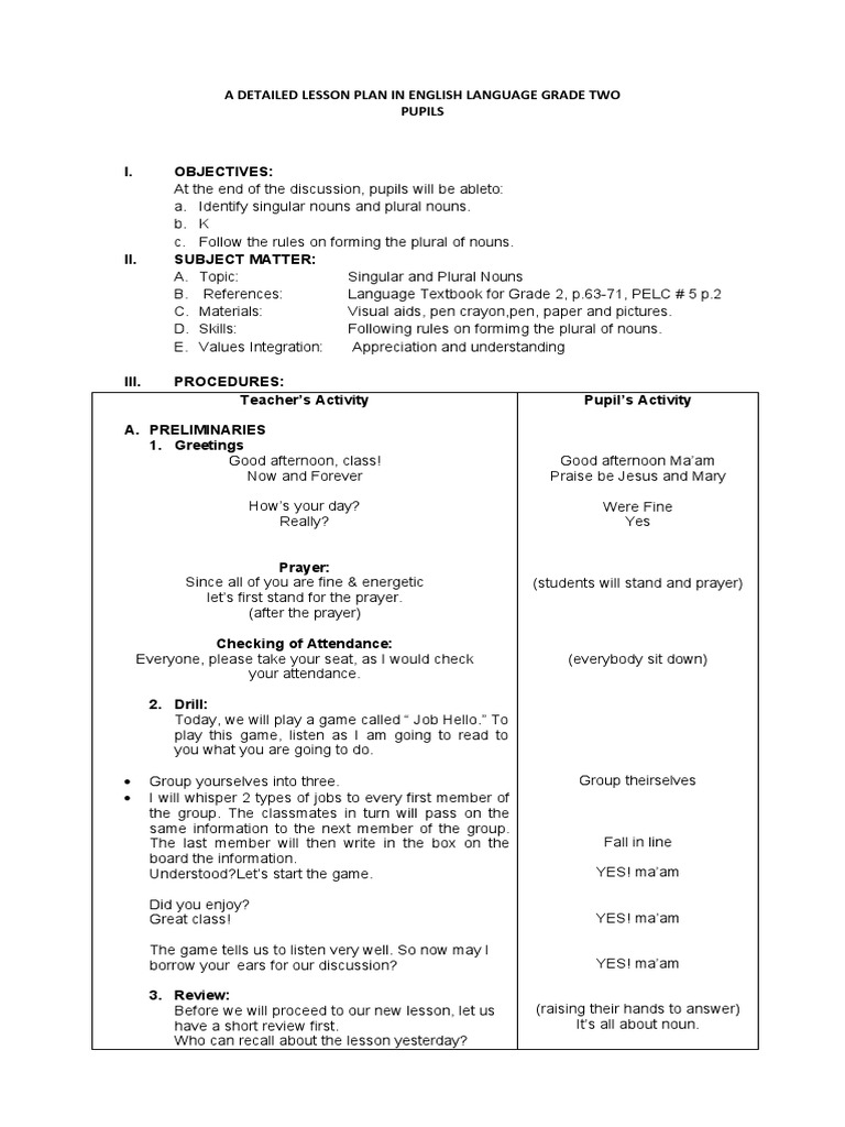 A Detailed Lesson Plan In English Language Pdf Plural Grammatical