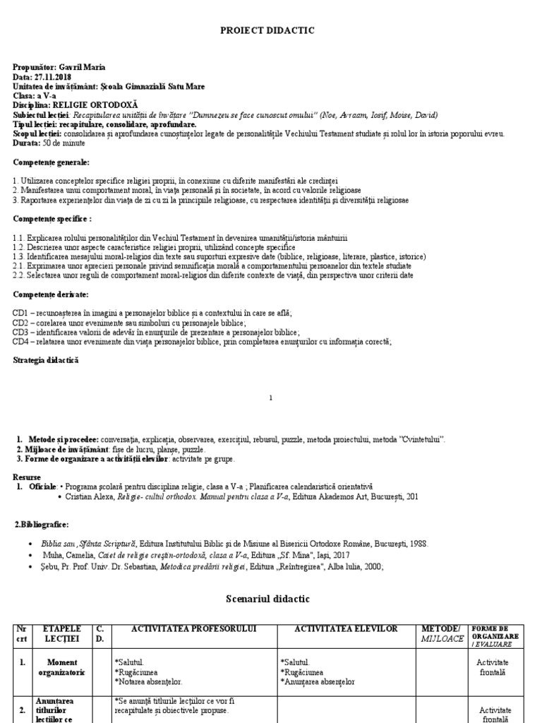 Proiect Didactic Recapitulare Unit 1 CL A 5-A Religie | PDF