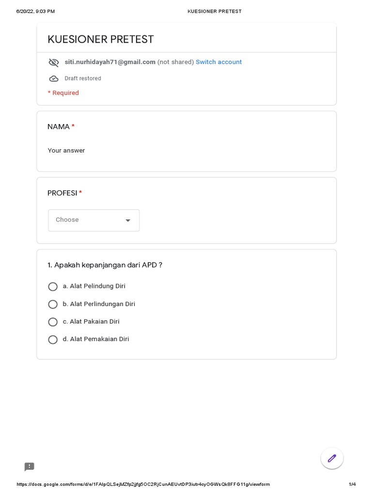 Kuesioner Pretest Google Form PDF | PDF