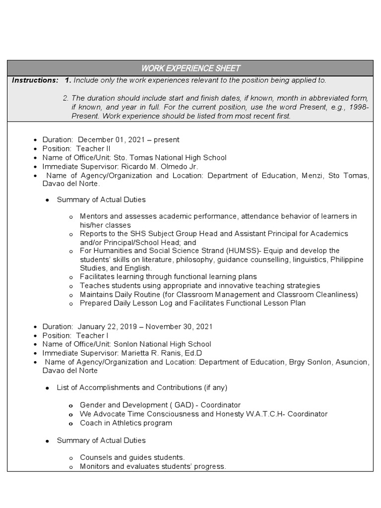 Work Experience Sheet | PDF | Teachers | Pharmacy
