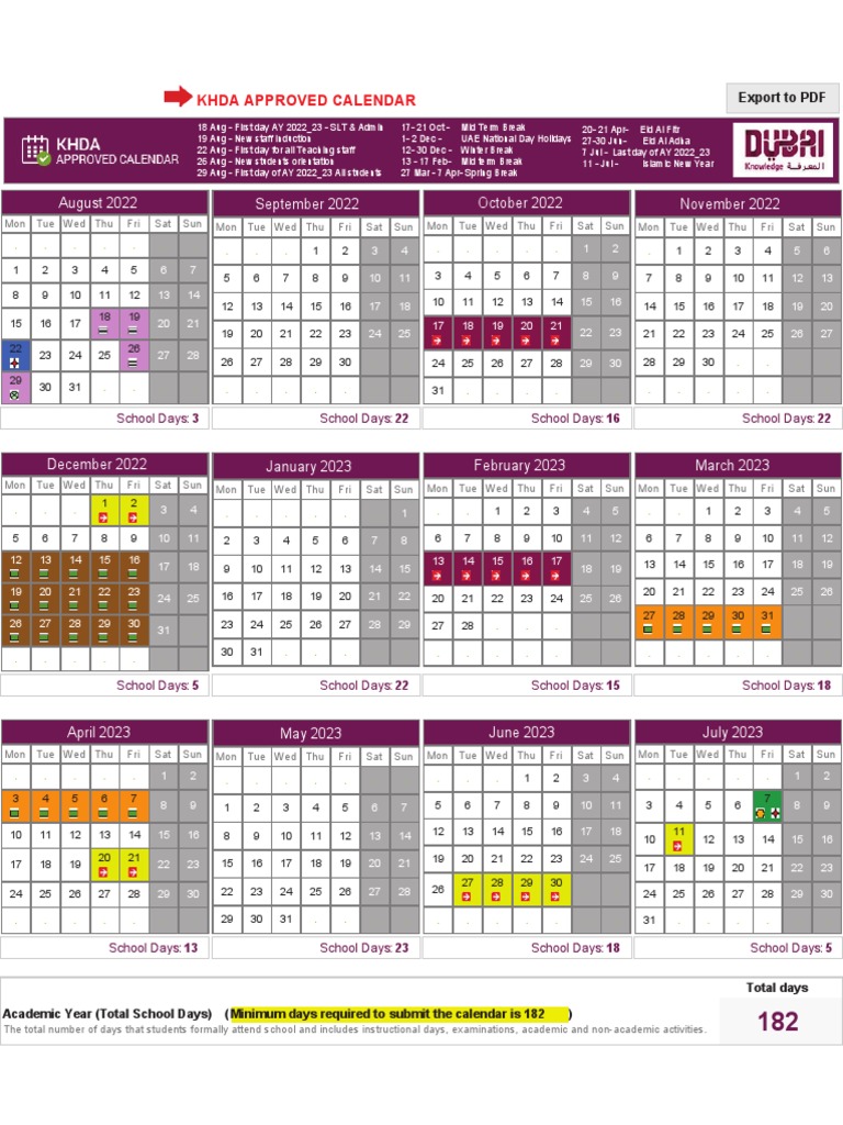 KHDA Approved Calendar AY 2022 - 23 | PDF